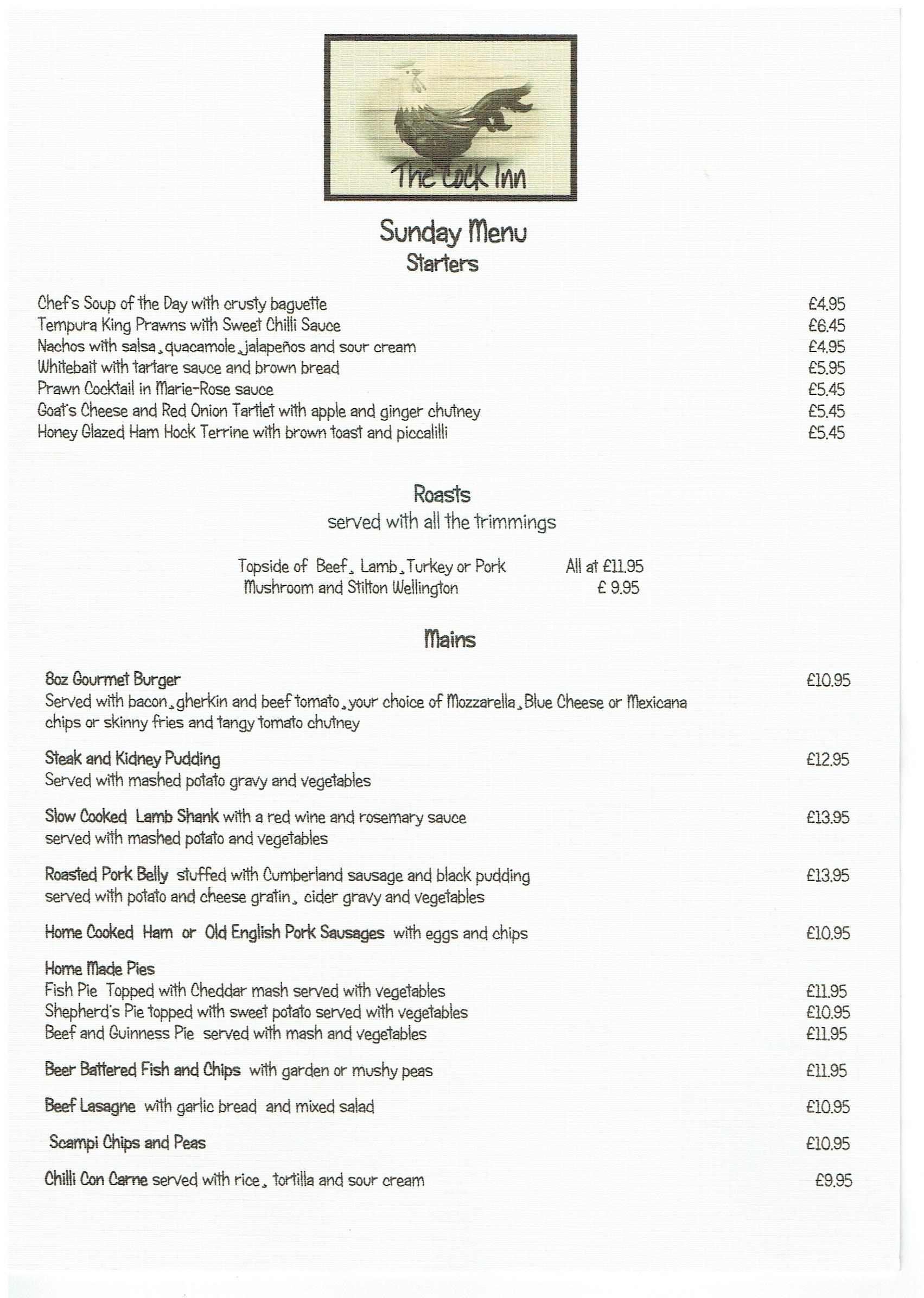 Menus - Cock Inn